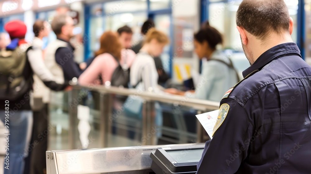 Border control officer scanning passport with electronic reader at ...
