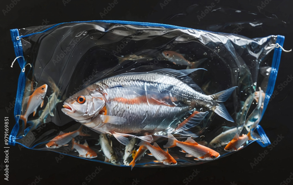 Illustrative representation of fish in water wrapped in plastic foil ...
