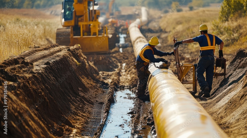 Workers performing maintenance on a gas pipeline to ensure the ...