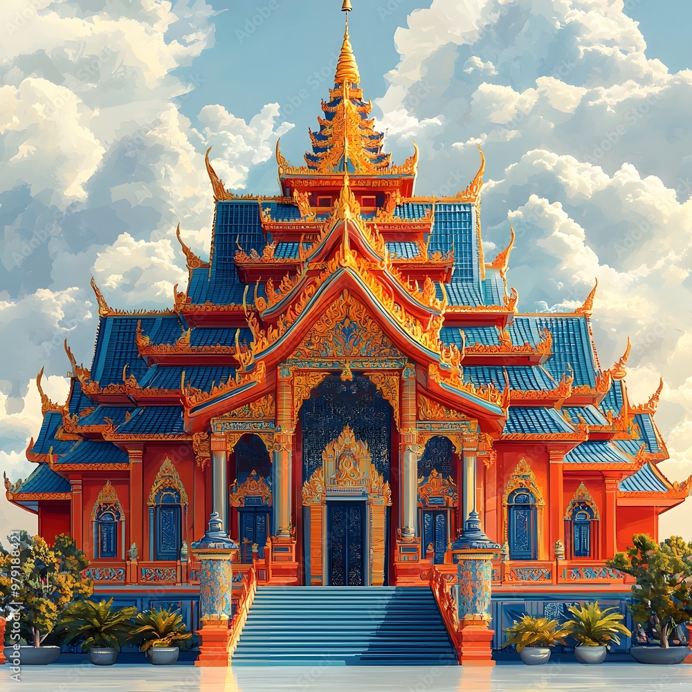 Thai temple with bold retro colors and minimal technology enhancements ...