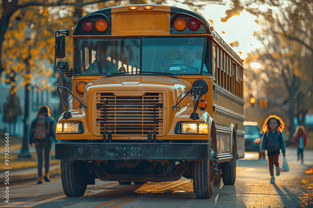 Children are boarding a school bus at a bus stop in the suburbs, teen ...
