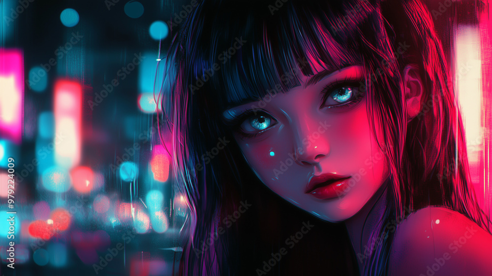 Synthwave anime manga girl, lofi background wallpaper design. anime ...