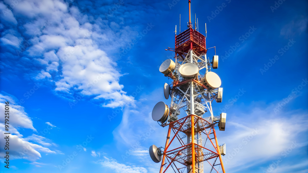 Clear view of Antenna tower with TV, wireless internet antennas ...
