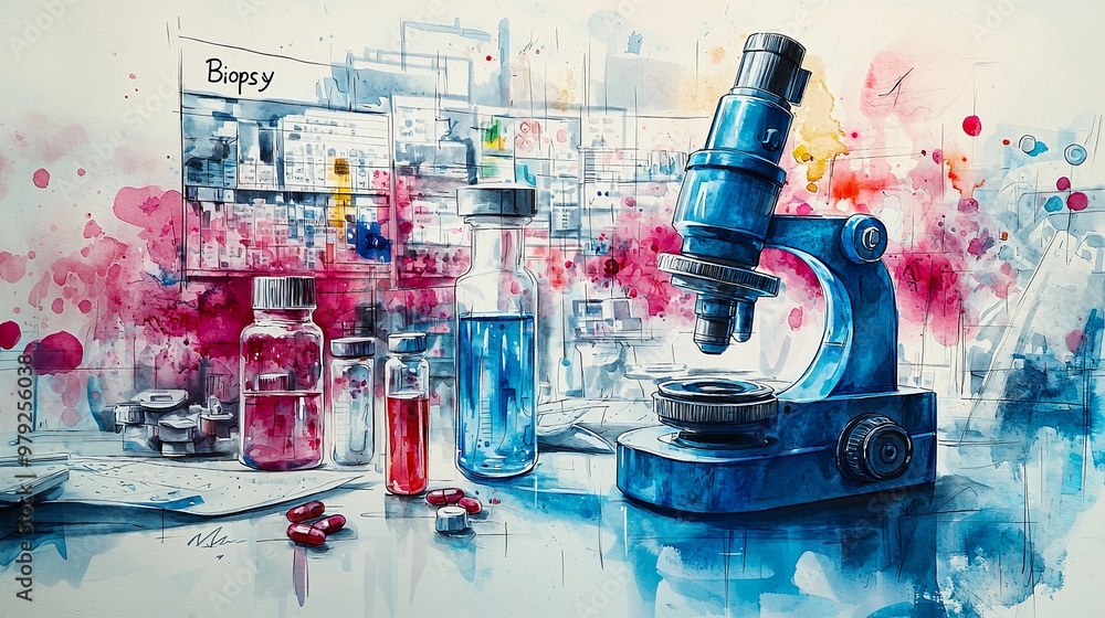An image showcasing the microscopic study of biopsy samples with a ...