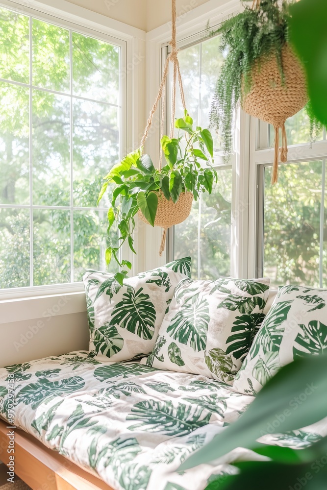 bright sunroom with a daybed covered in patterned cushions, surrounded ...