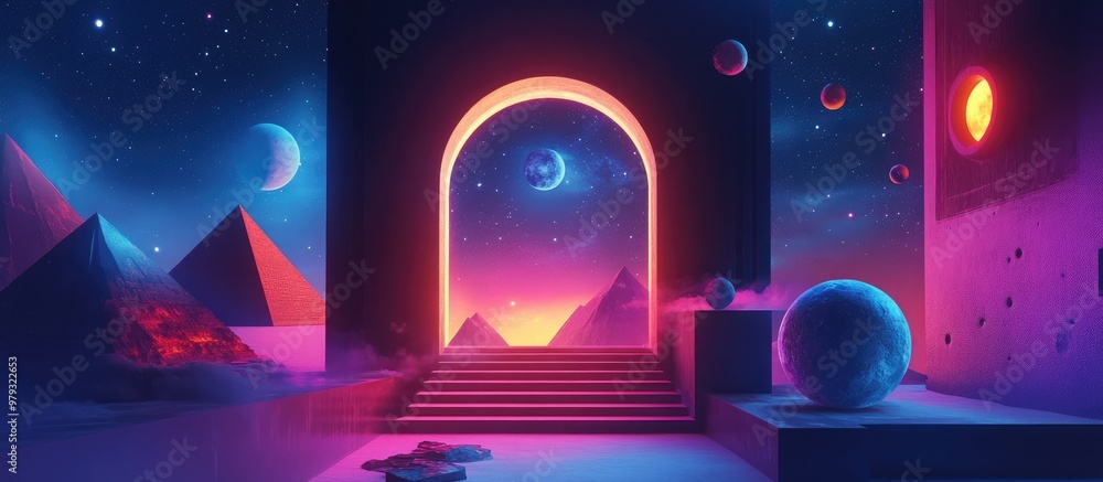 Surreal image featuring a window with pyramids spheres and a glowing ...