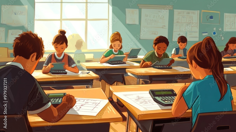 A classroom scene with kids working on math problems, using calculators ...