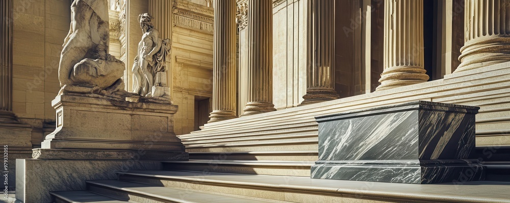 Roman marble podium placed on the steps of a temple, with towering ...
