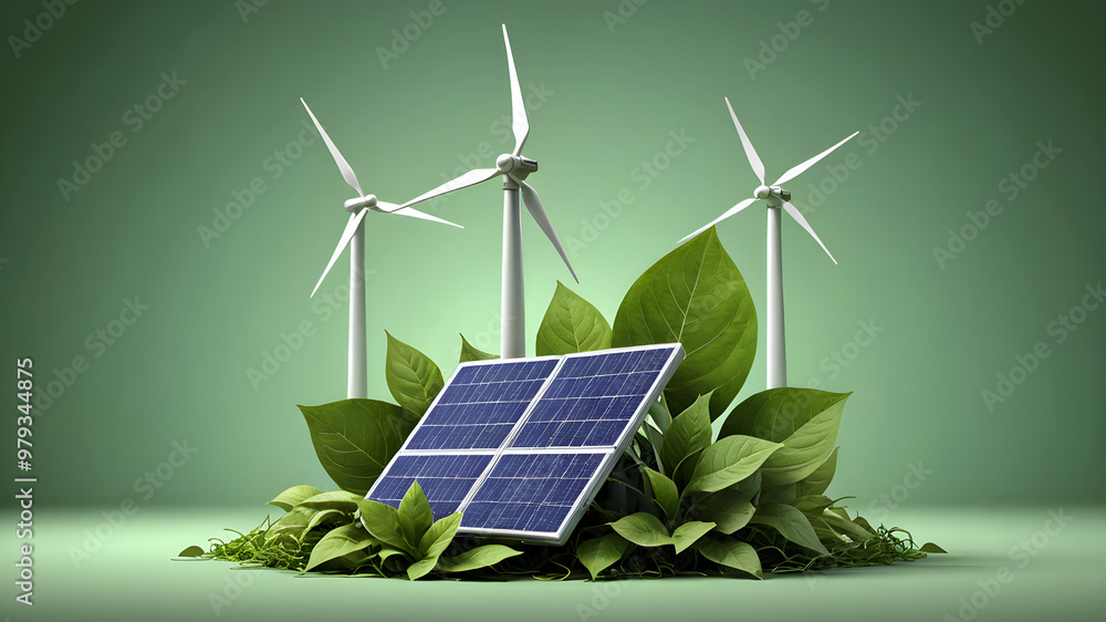 Stock-Foto „Sustainable greeen energy. Solar and wind turbines farm ...