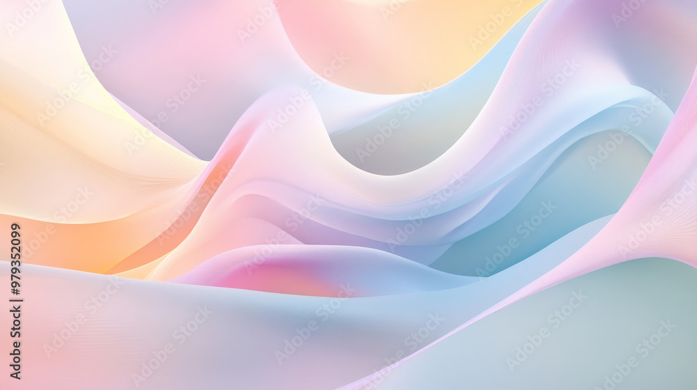 Layers of abstract waves in pastel pink, light blue, and soft yellow ...