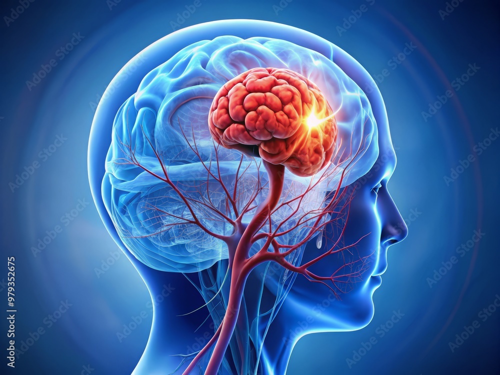 medical illustration of a human brain with highlighted tumor and ...