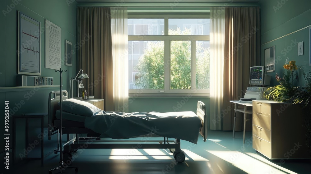 A serene hospital room featuring a bed, natural light, and greenery ...