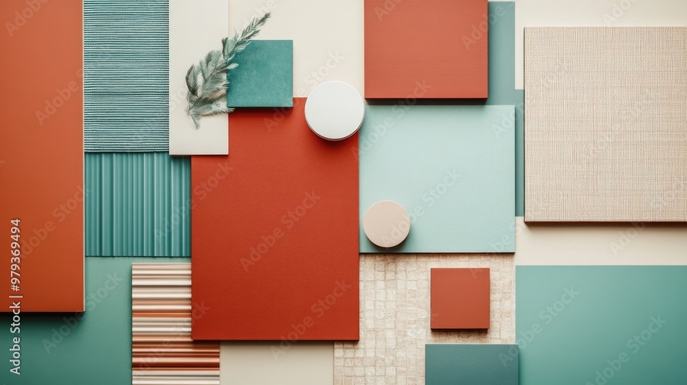 Flat lay composition in terracotta red, light beige, muted teal color ...