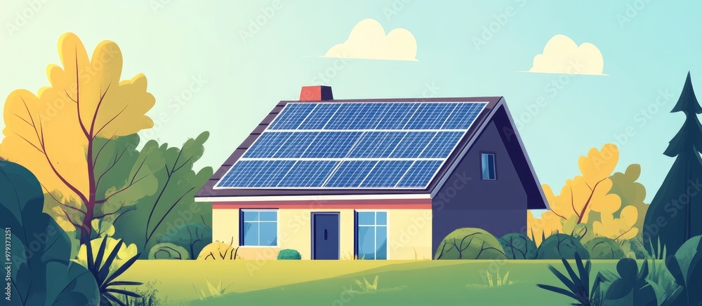 Renewable energy concept featuring solar panels installed on a house roof showcasing ...