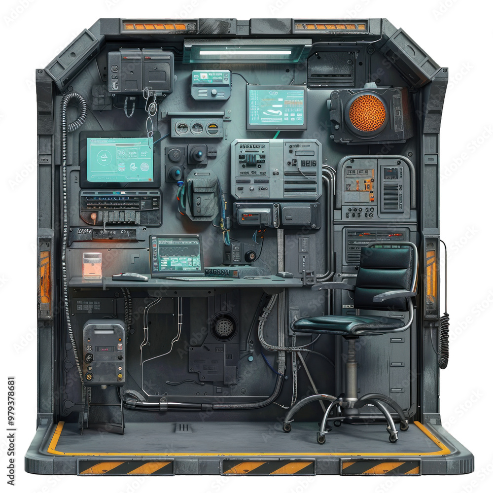 Futuristic sci fi style control room with a computer and empty chair ...