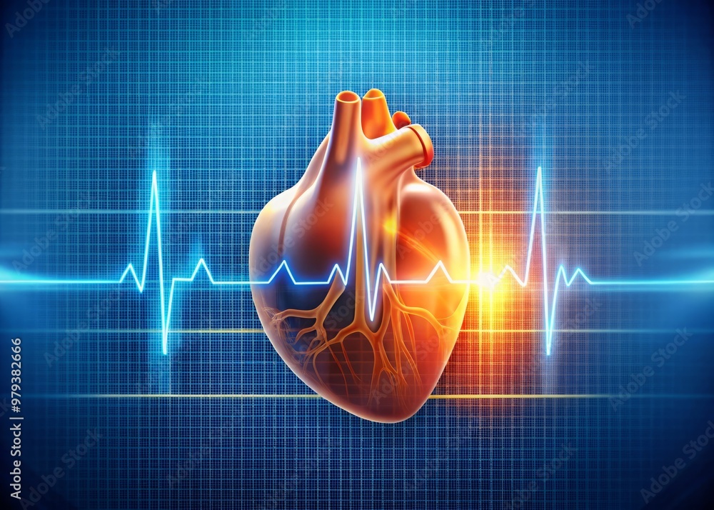 An anatomical illustration of the heart with an integrated ECG waveform ...
