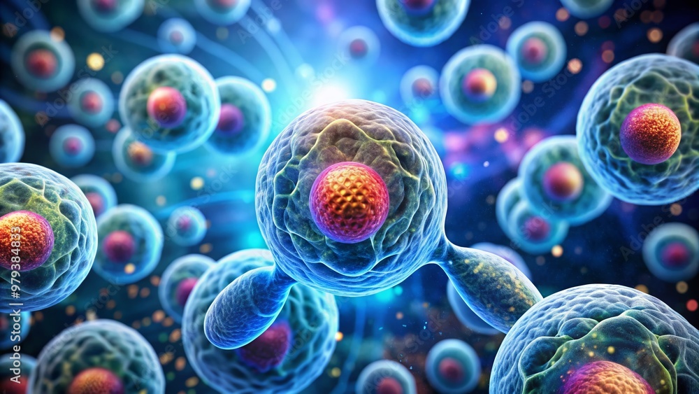 Microscopic view of cells dividing, with chromosome strands and nucleus ...