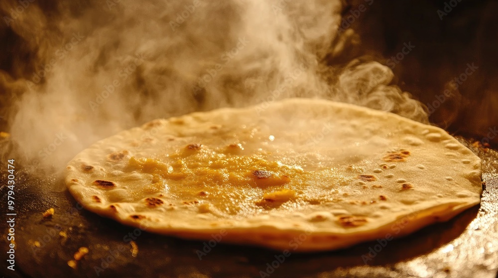 Detailed shot of a roti being cooked on a hot griddle, with golden ...