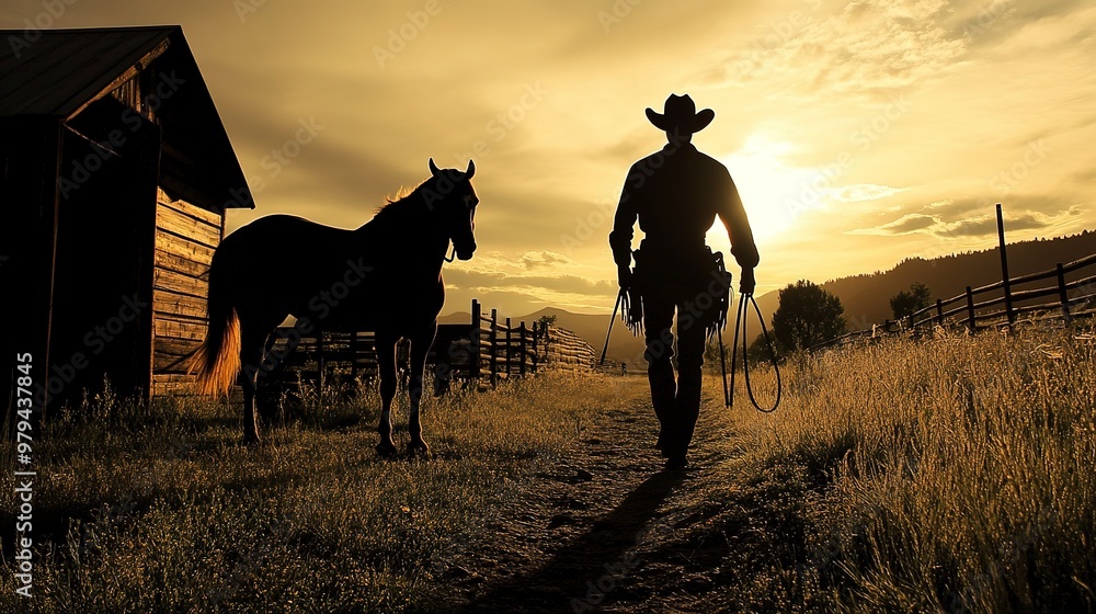 A shadow cowboy leads his horse to the stables, creating an idyllic ...