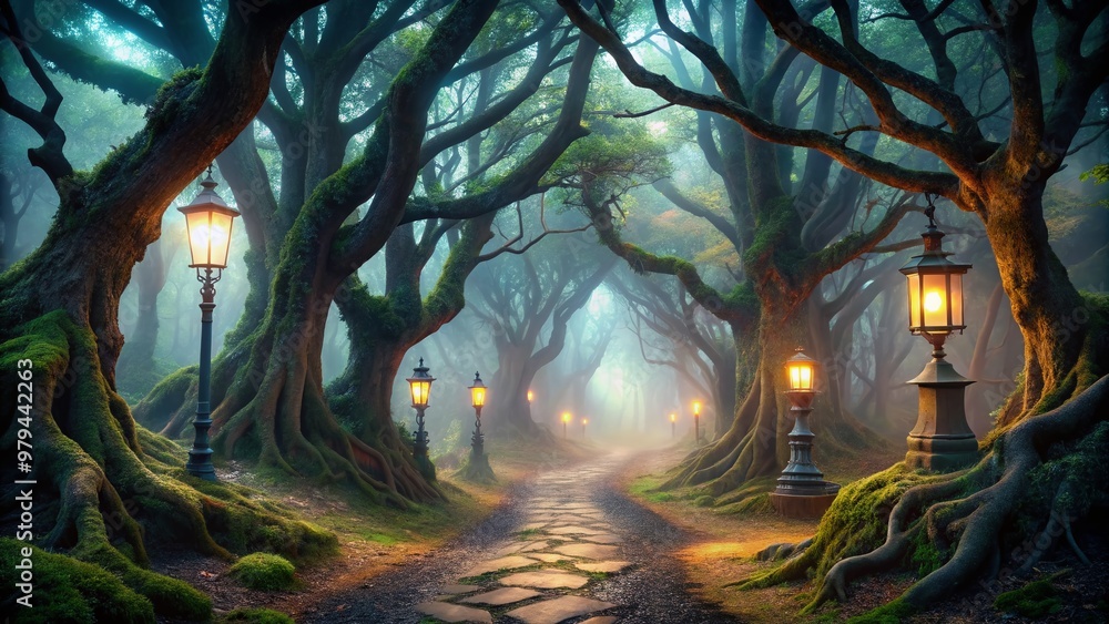 Eerie, fog-shrouded forest pathway lined with ancient, twisted trees, illuminated only by a ...