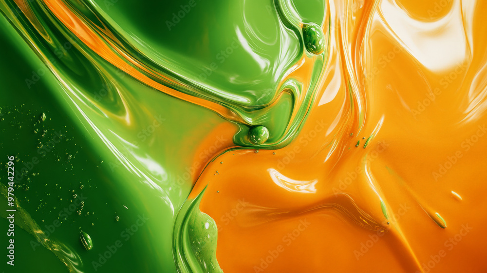 Bold fluid shapes in neon green and orange swirl around the frame ...