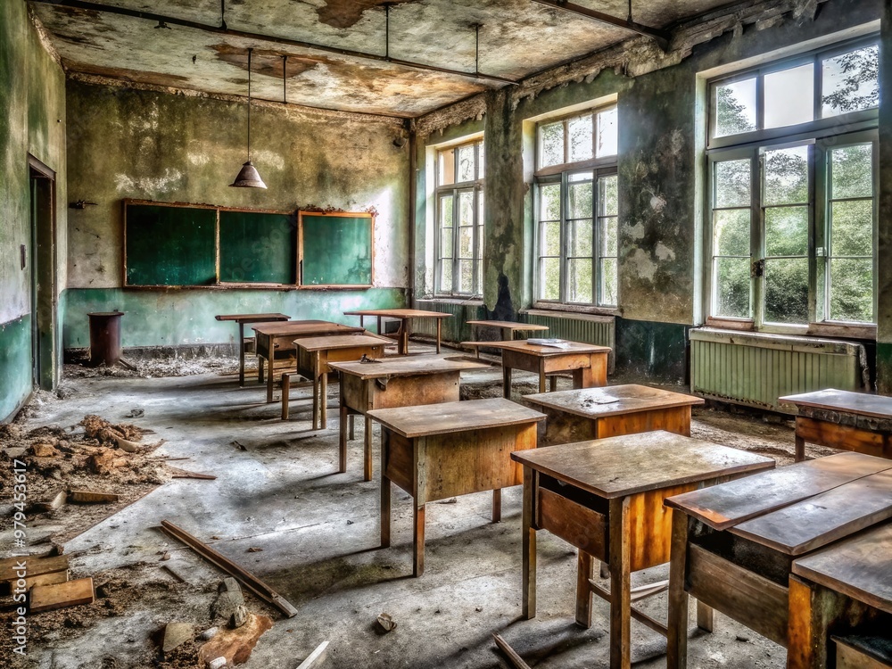 desaturated worn wooden desks nostalgia faded memories lost innocence ...
