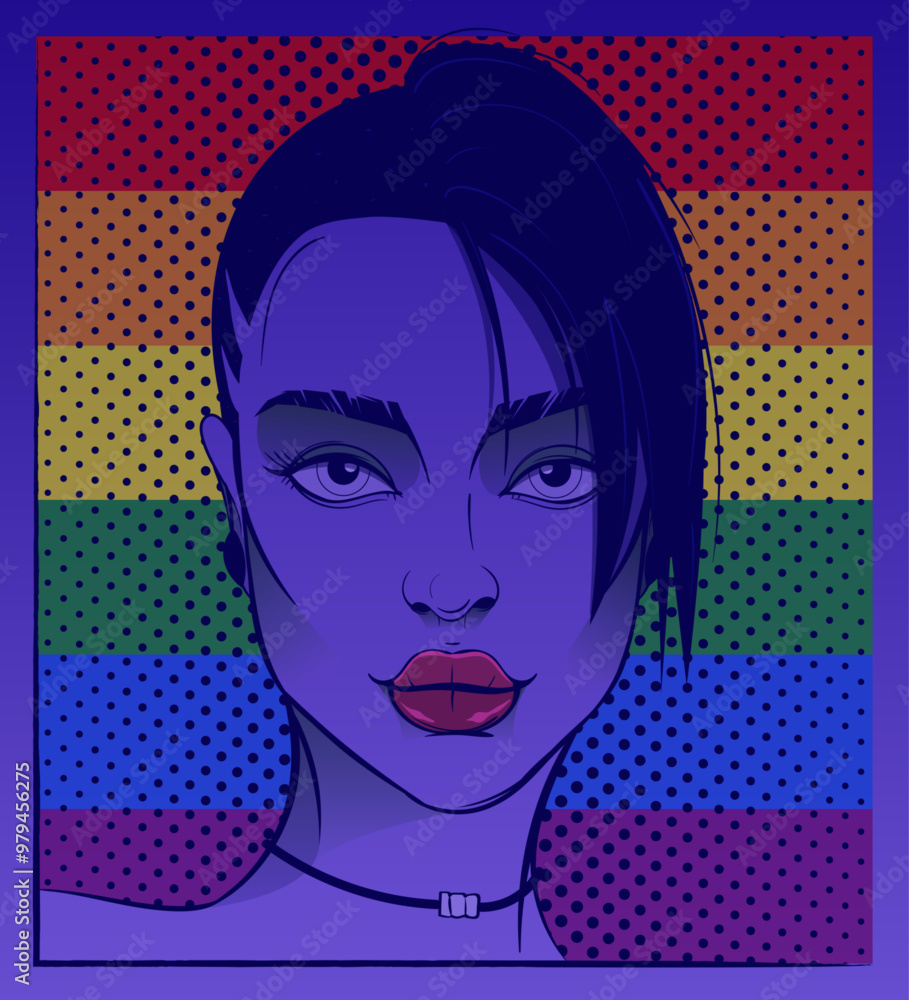 Young woman on the background of the LGBT flag. Hand drawn, graphic ...