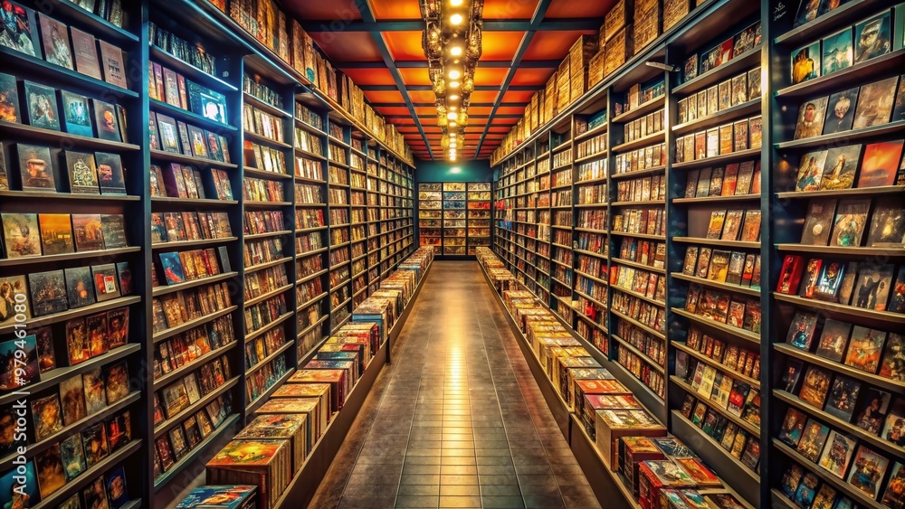Retro video rental store with shelves overflowing with VHS tapes, DVDs ...