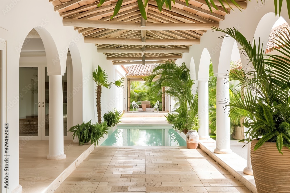 Foto de Stock Mediterranean-inspired outdoor corridor with arched colonnades, rustic wooden ...