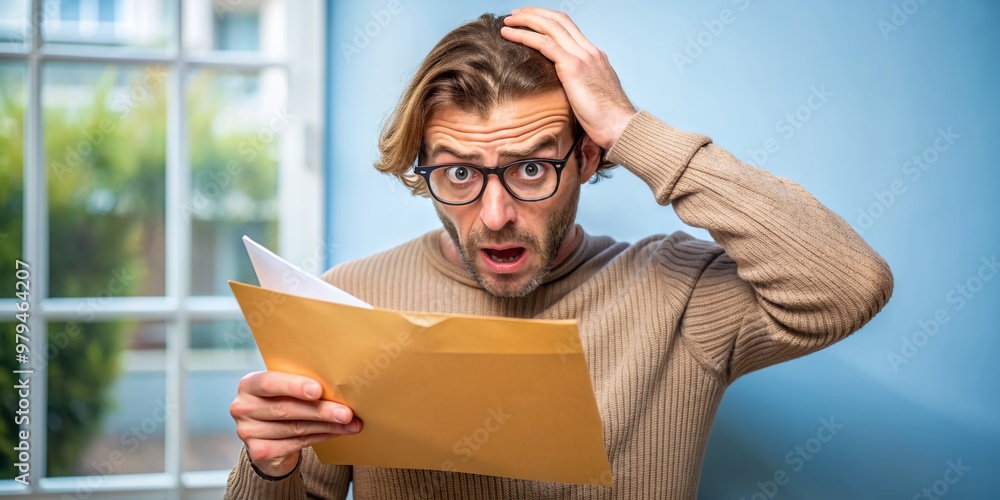 Anxious individual in glasses grasps disappointing mail, overwhelmed by ...