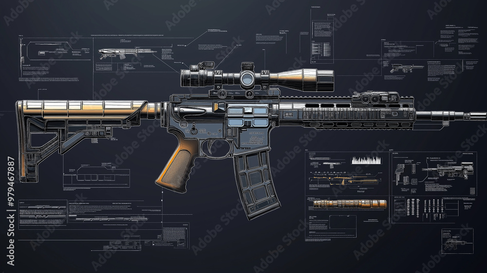 Powerful assault rifle is lying on blueprint background Stock Photo ...