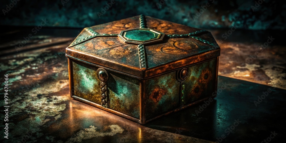 Moody low-key close-up of distressed hexagonal metal box with worn ...