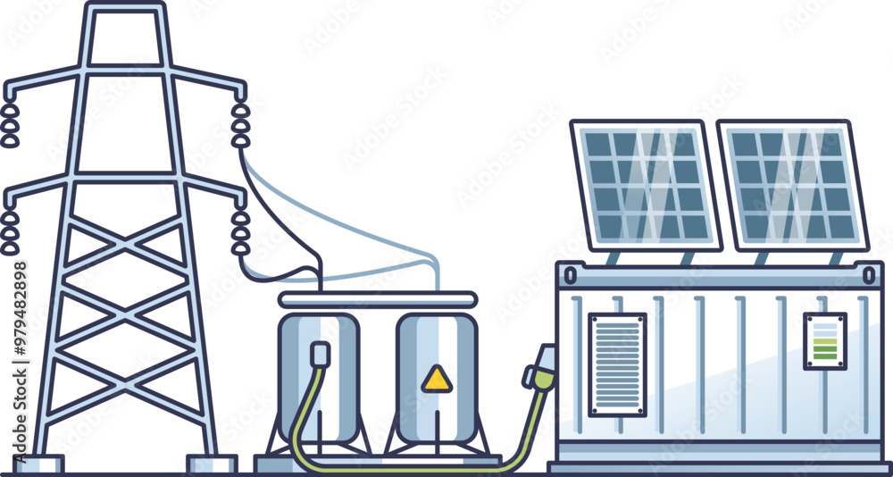 Illustration of a power transfer station with solar panels, transformers, and transmission tower ...