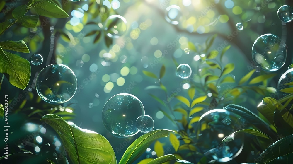 An O2 bubbles in the middle of a lush forest are a metaphor for the ...