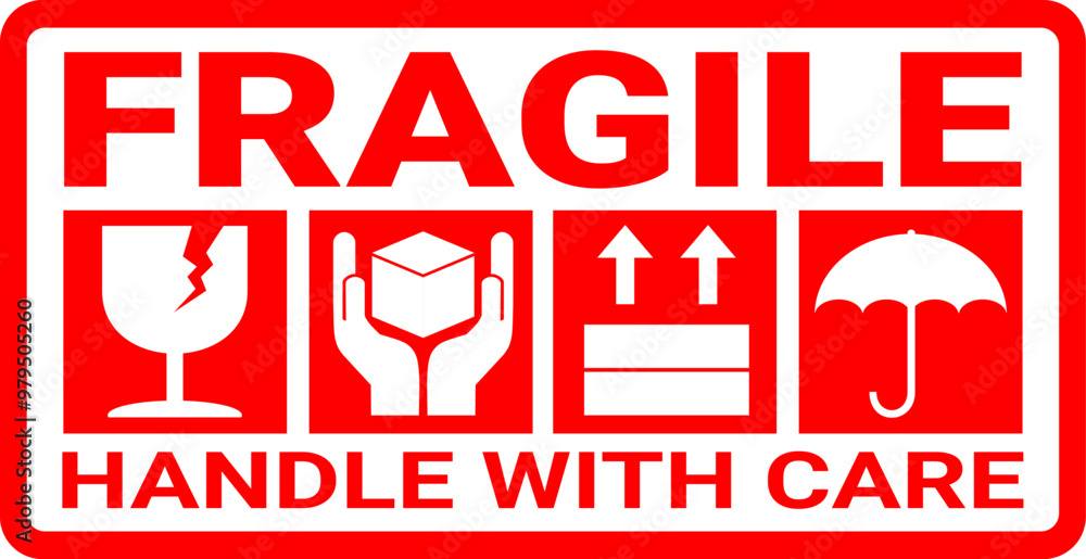 sticker fragile handle with care, red fragile warning label with broken ...