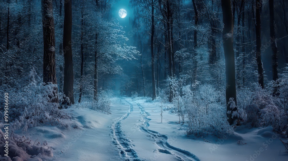 ethereal winter wonderland moonlit forest path with shimmering snow ...