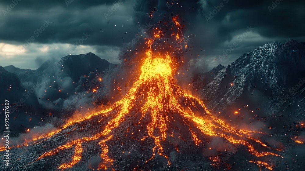 explosive volcanic eruption with fiery lava and ash plume dramatic ...