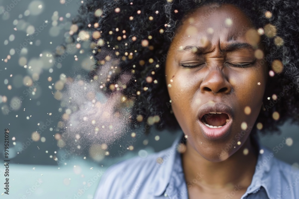 Highlighted particles of sneeze from black woman showing virus spread ...