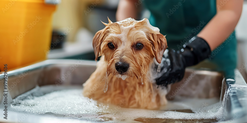 Groomer giving a dog a bath in a stainless steel tub, with water and ...