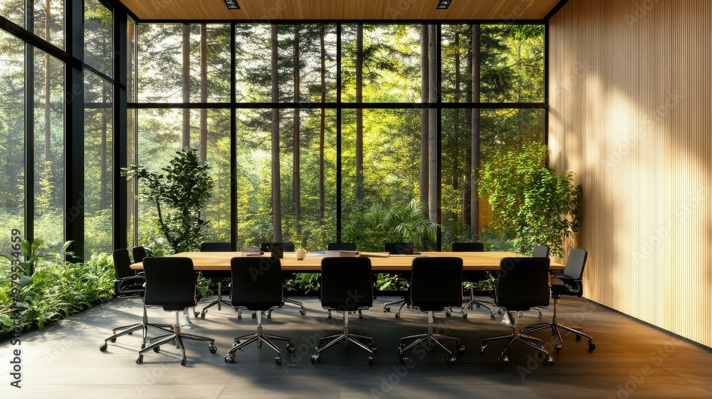 Modern interior of a meeting room with wood paneling and glass walls ...