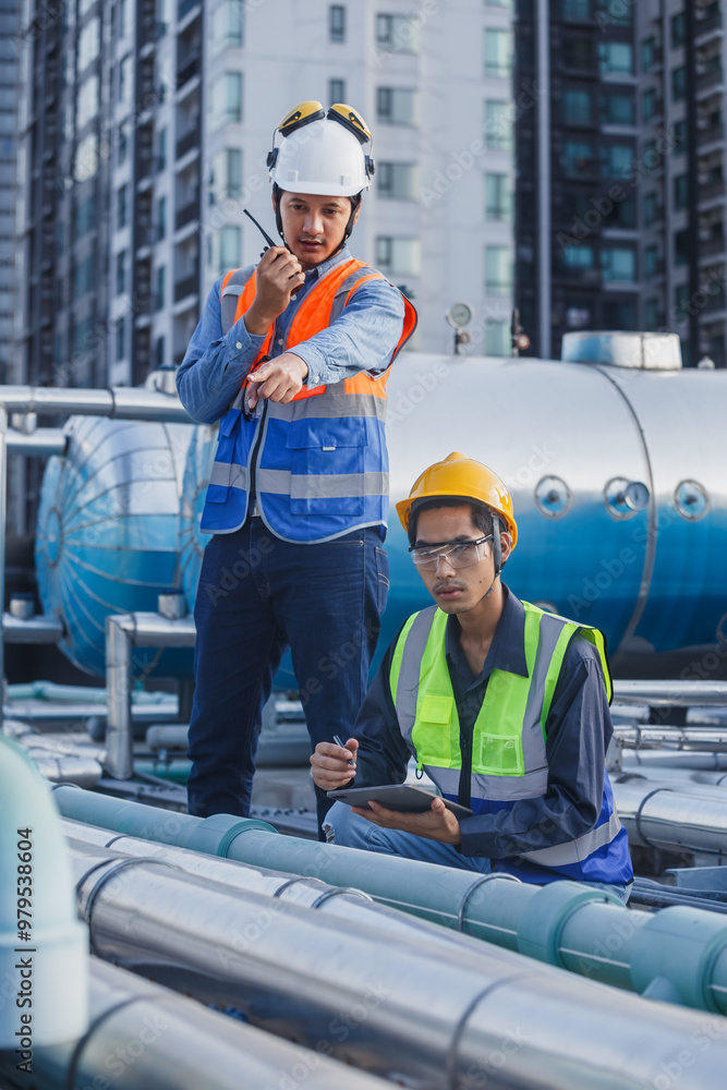 Asian man engineer holding tablet working at rooftop building ...
