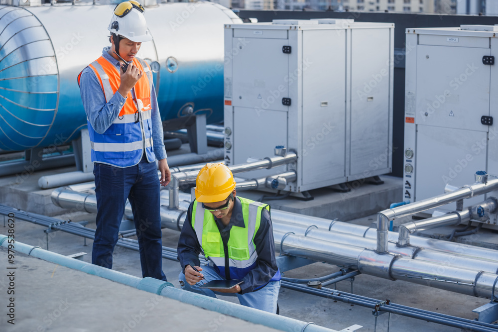 Asian man engineer holding tablet working at rooftop building construction. Male technician ...