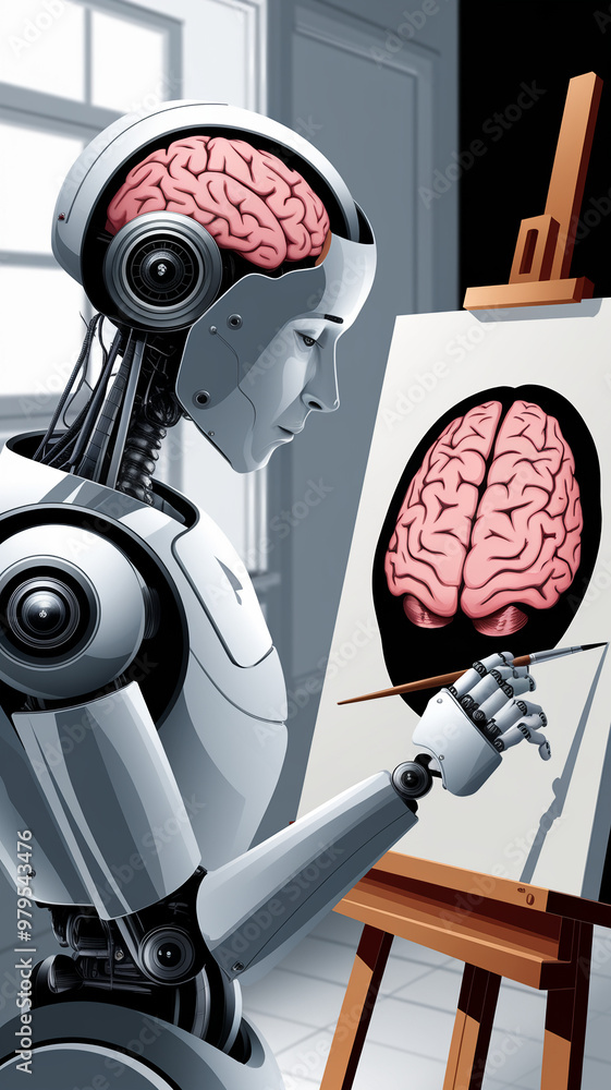 A humanoid robot paints a detailed human brain image, gears visible, in ...