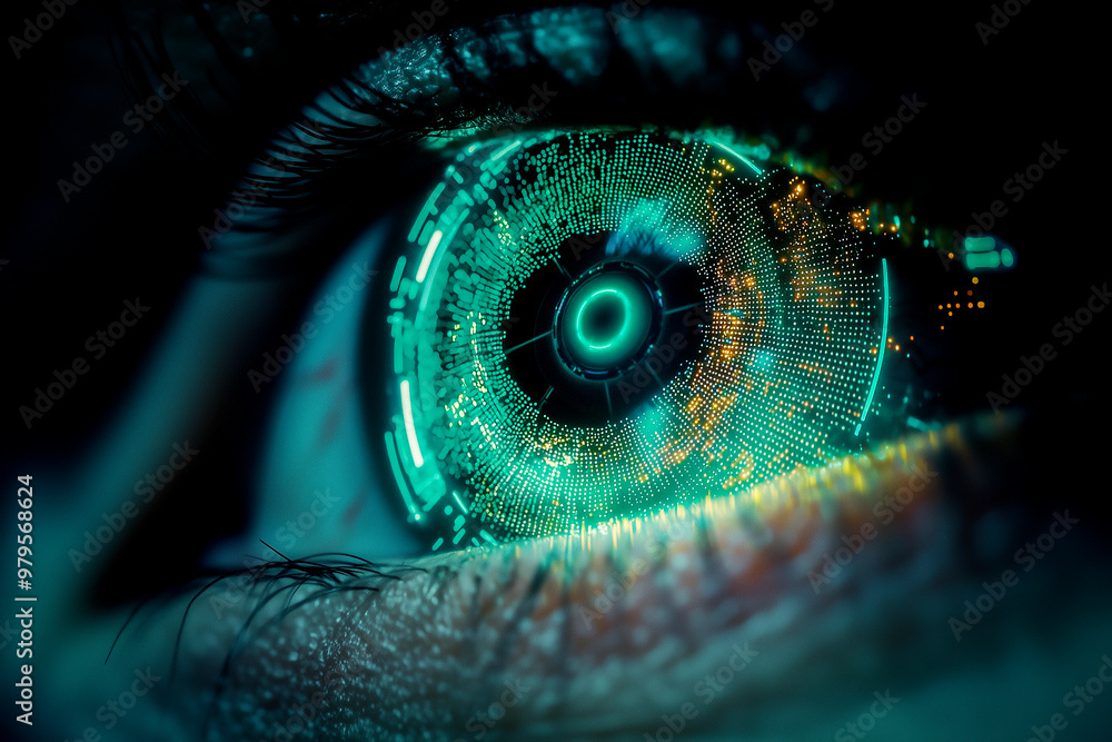 macro shot of a human eye with a glowing digital interface, representing advanced technology ...