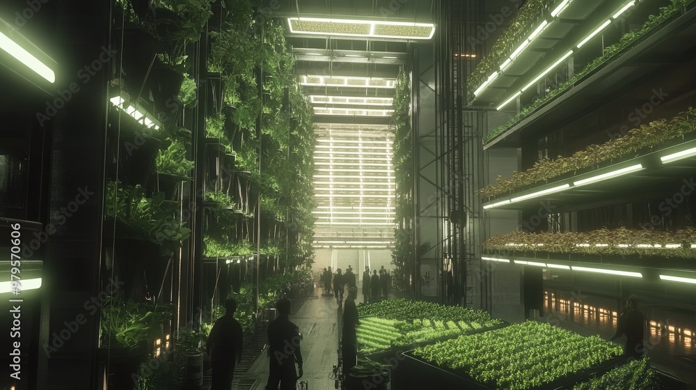 Vertical farming in a futuristic warehouse, utilizing hydroponics and ...
