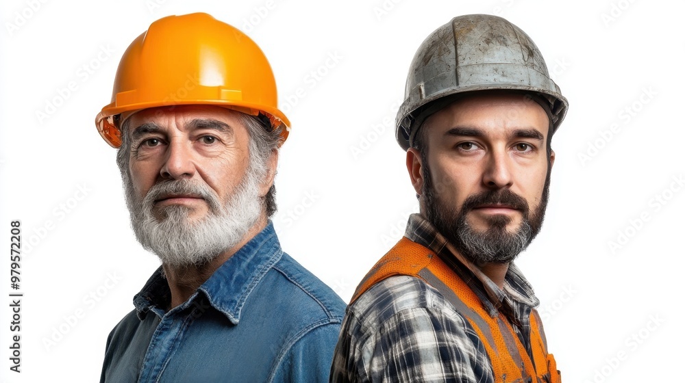 Old and young construction worker face side-by-side front view isolated ...