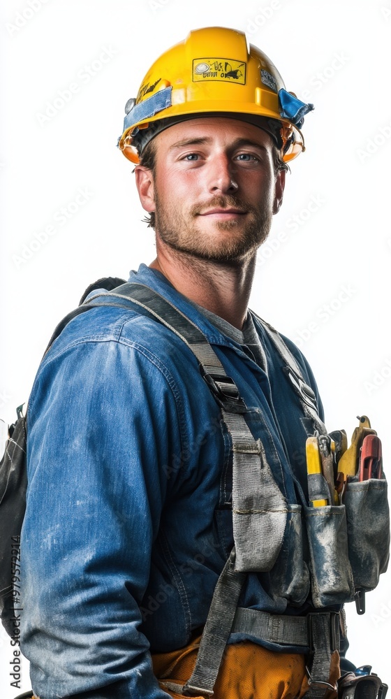 Calm and happy construction worker face side-by-side front view ...