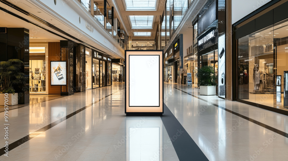 Modern shopping mall interior with a large, illuminated blank ...