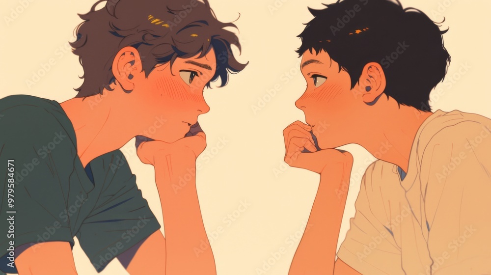 Anime-Inspired Illustration of Two Shy Men with Blushing Faces Sitting ...