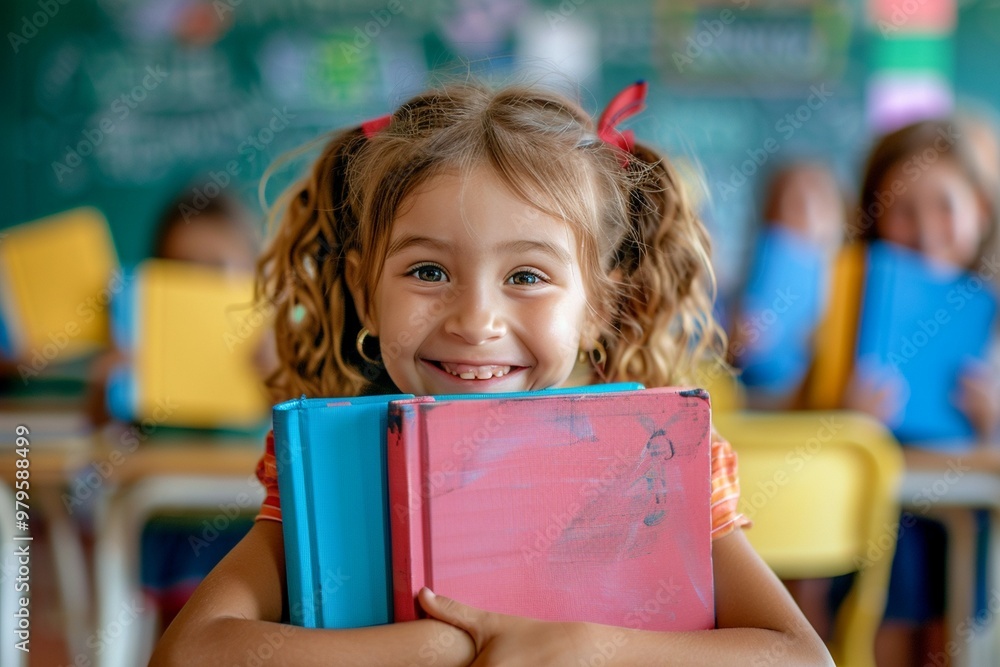 Excited child holding books ready to dive learning adventures ...